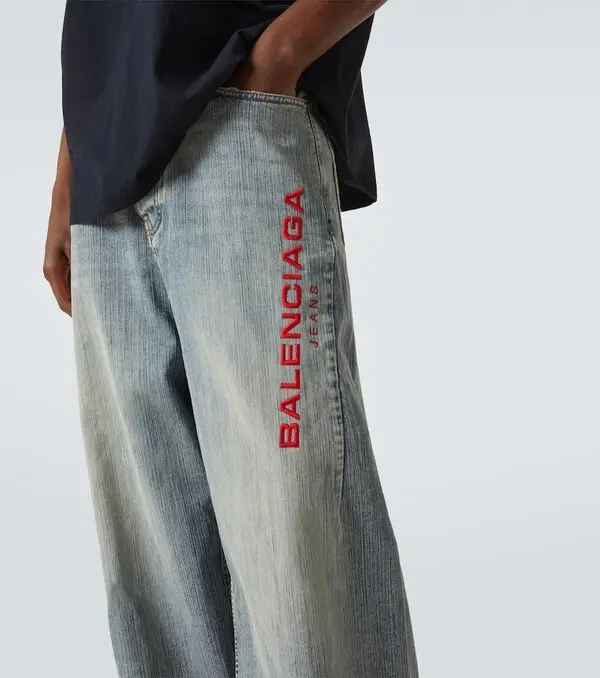 Balenciaga Logo Embroidered Wide-leg Jeans - Grey