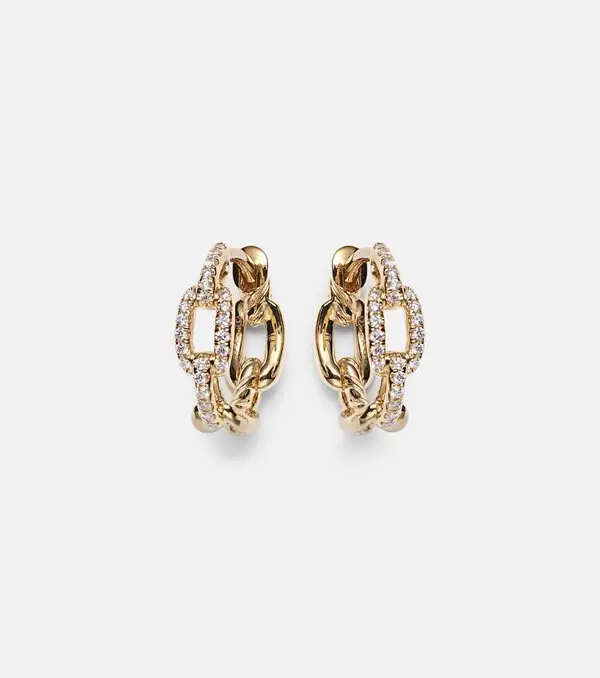 David Yurman 18k Yellow Stax Chain Link Hoop Earrings With Diamonds - Gold