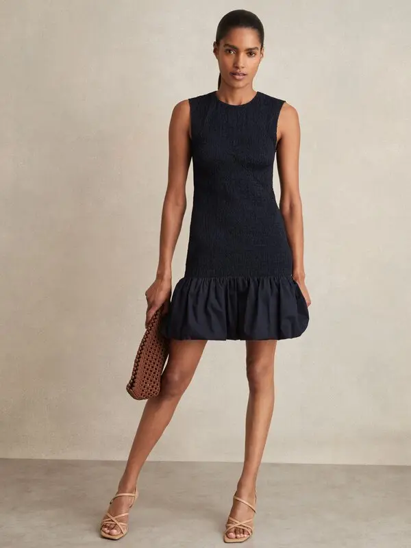 REISS Belinda Cotton Shirred Mini Dress Bubble Hem