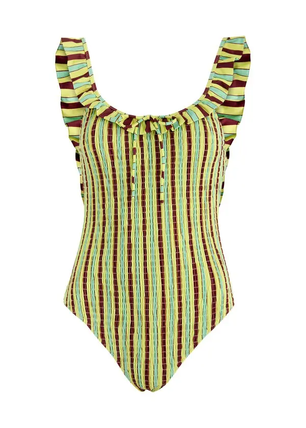 DAMSON MADDER Cheyenne Printed Smocked Swimsuit - Green