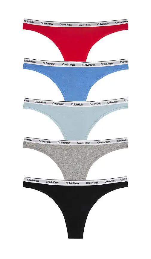 Calvin Klein Modern Logo Thong 5-pack In Red,blue,grey,black - Black  Heather Grey  Sterling Blue  Glac