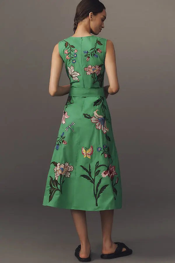 Fanm Mon Gloriosa Hand-Embroidered Sleeveless Midi Dress - Green |  Editorialist