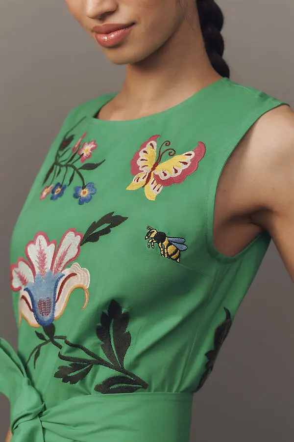 Fanm Mon Gloriosa Hand-Embroidered Sleeveless Midi Dress - Green |  Editorialist
