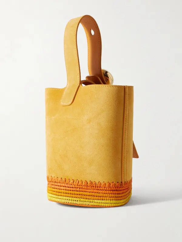 Loewe Paula's Ibiza Pebble Mini Striped Raffia-trimmed Suede Tote