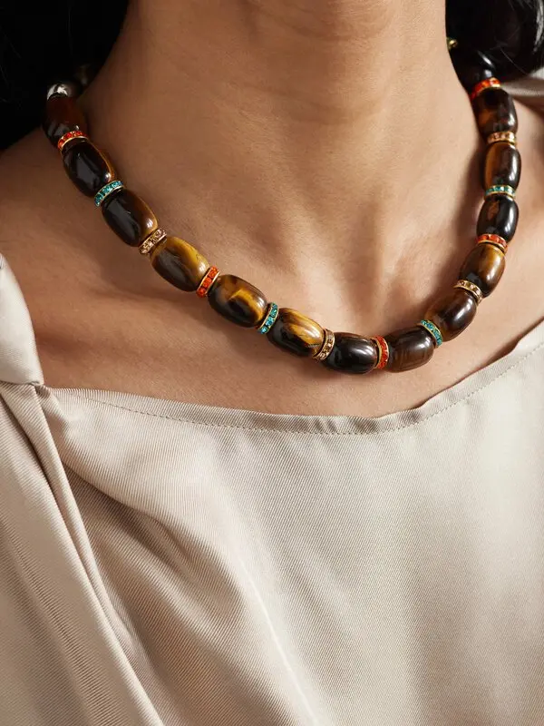 JULIETTA Gold-tone Tiger's Eye And Crystal Beaded Necklace