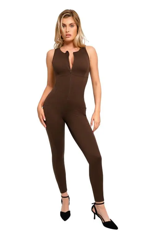 POPILUSH Shapewear Sleeveless Body-sculpting Zip Front Jumpsuit - Dark Caramel