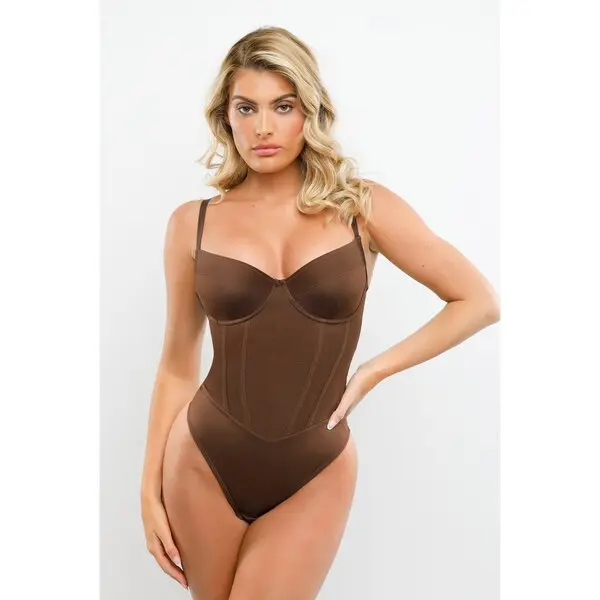 POPILUSH Shapewear Tummy Control Corset Thong Bodysuit - Dark Caramel