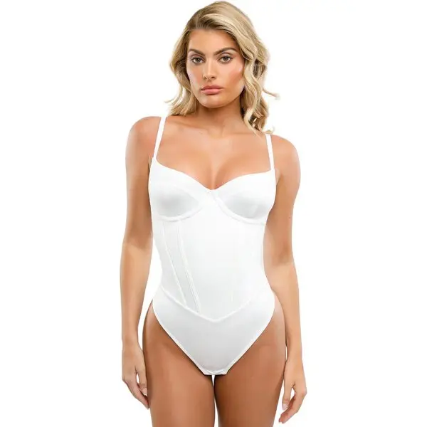 POPILUSH Shapewear Tummy Control Corset Thong Bodysuit - Pearl White