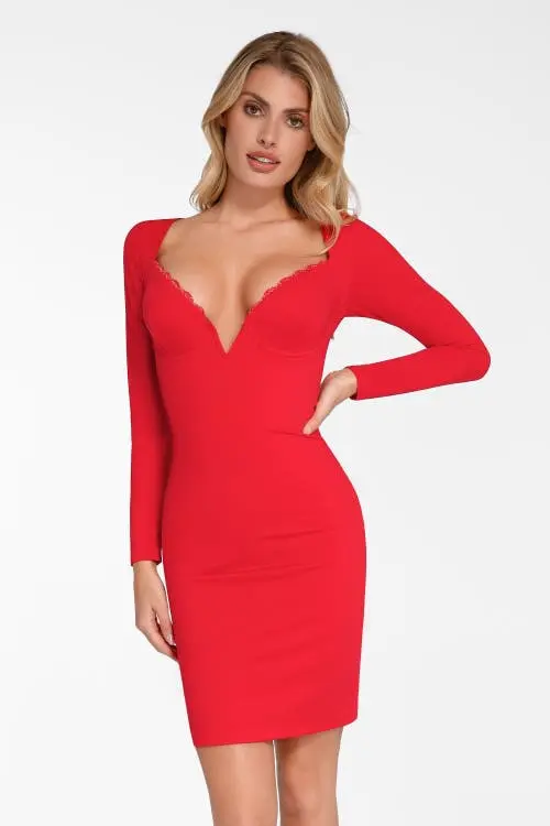 POPILUSH Shapewear Lace Trim Mini Dress - True Red