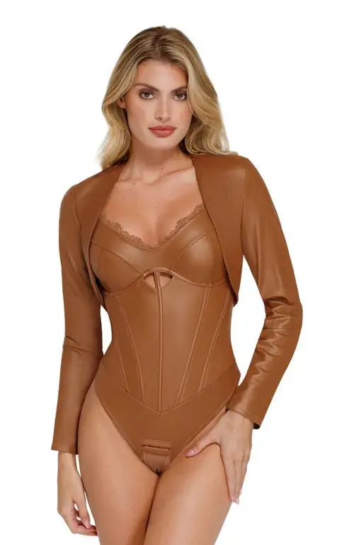 POPILUSH Long Sleeve Faux Leather Bolero Jacket - Dark Brown