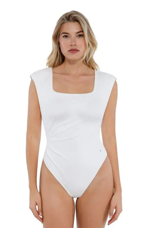 POPILUSH Square Neck Padded Shoulder Thong Bodysuit - Pearl White