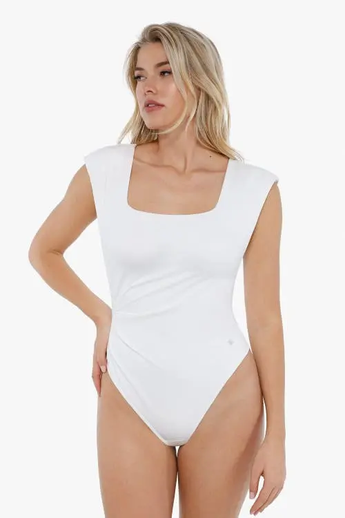POPILUSH Square Neck Padded Shoulder Thong Bodysuit - Pearl White