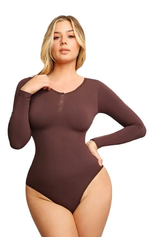 POPILUSH Shapewear Seamless Modal Henley Bodysuit - Cocoa