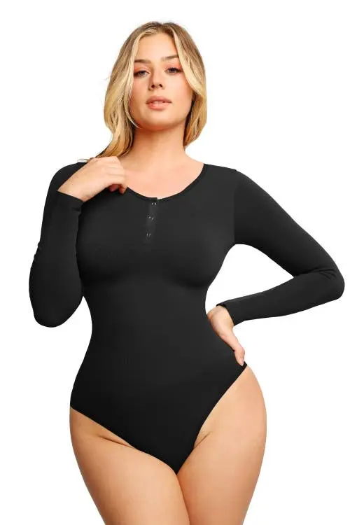 POPILUSH Shapewear Seamless Modal Henley Bodysuit - Jet Black