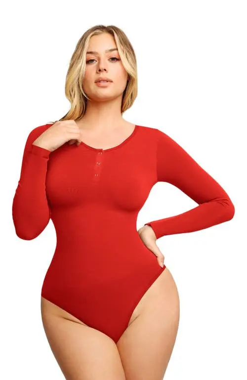 POPILUSH Shapewear Seamless Modal Henley Bodysuit - Scarlet