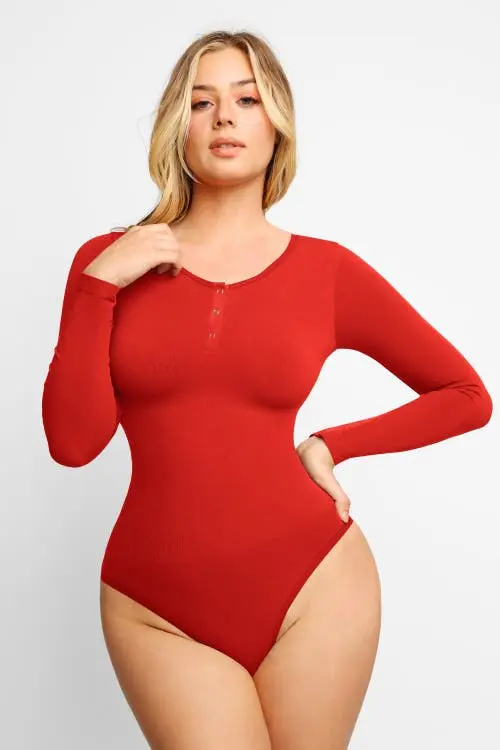 POPILUSH Shapewear Seamless Modal Henley Bodysuit - Scarlet