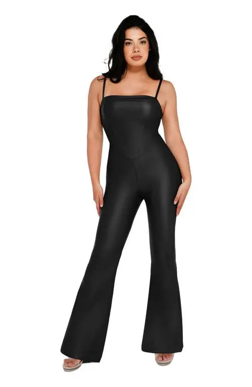 POPILUSH Shapewear Faux Leather Corset Bodice Jumpsuit - Midnight Black