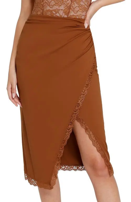 POPILUSH Shapewear Lace Trim Midi Wrap Skirt - Caramel