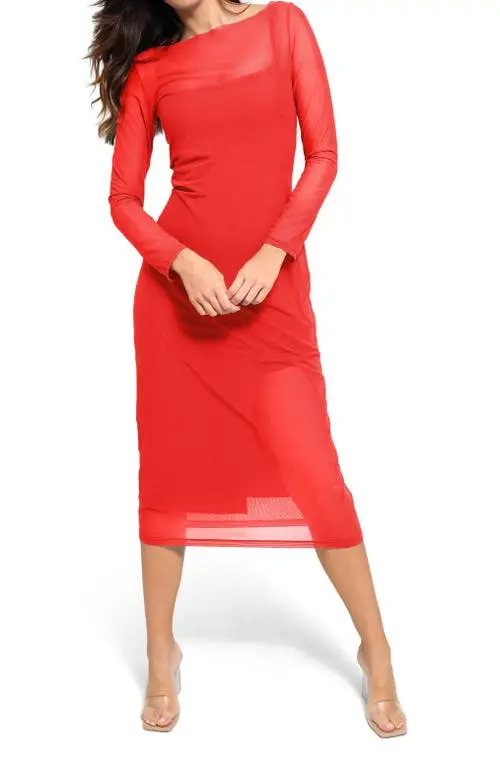 POPILUSH Shapewear Slimming Midi Dress With Sheer Mesh Overlay - Cherry Red