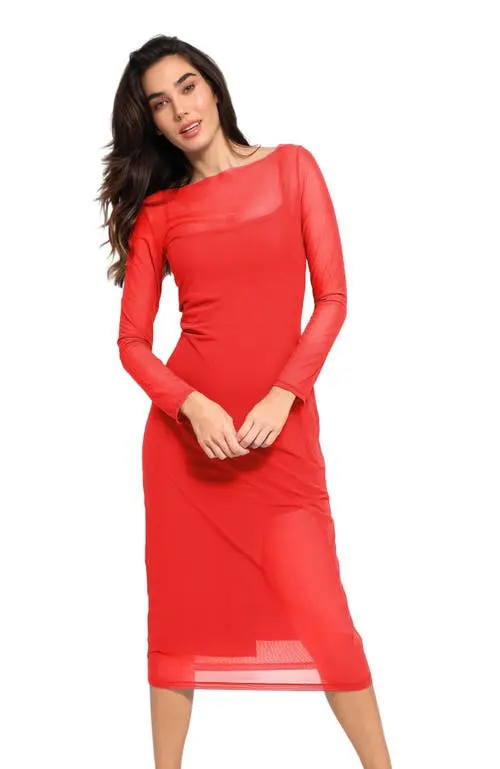 POPILUSH Shapewear Slimming Midi Dress With Sheer Mesh Overlay - Cherry Red