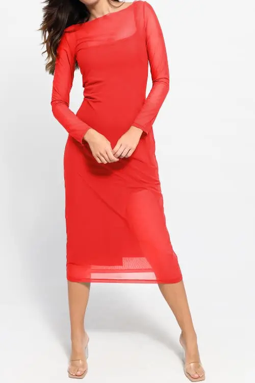 POPILUSH Shapewear Slimming Midi Dress With Sheer Mesh Overlay - Cherry Red