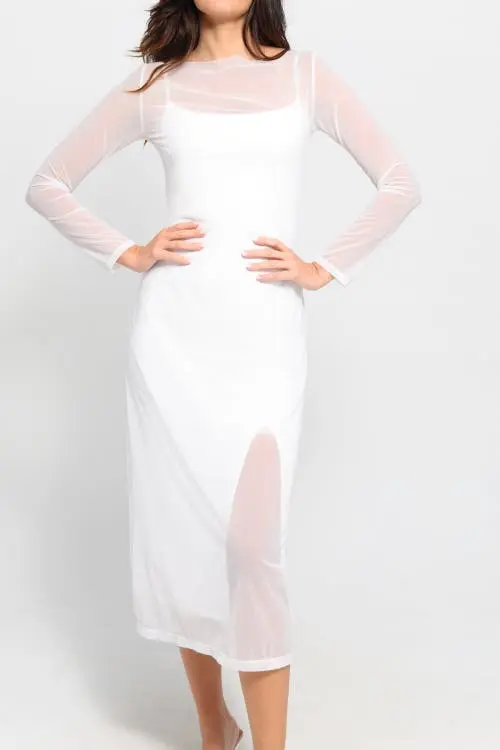 POPILUSH Shapewear Slimming Midi Dress With Sheer Mesh Overlay - Ivory White