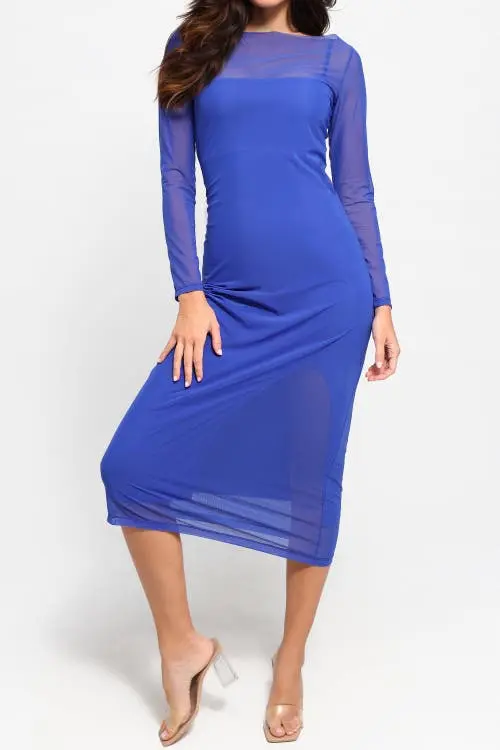 POPILUSH Shapewear Slimming Midi Dress With Sheer Mesh Overlay - Royal Blue