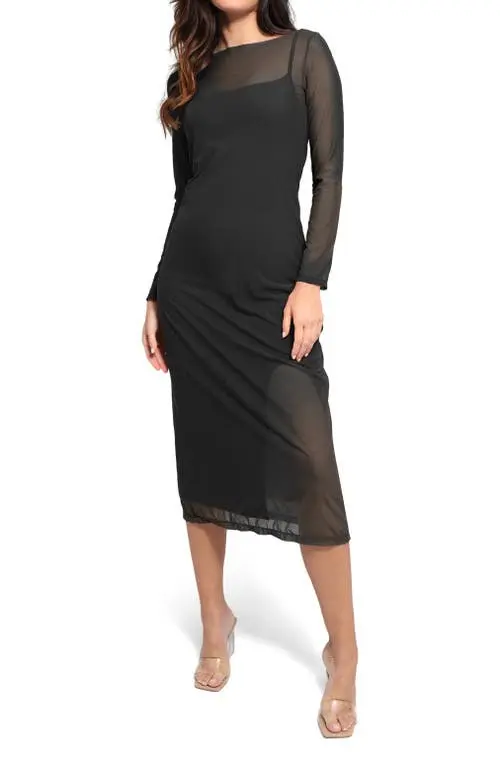 POPILUSH Shapewear Slimming Midi Dress With Sheer Mesh Overlay - Solid Black