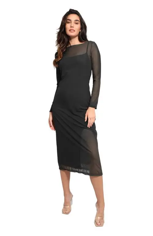 POPILUSH Shapewear Slimming Midi Dress With Sheer Mesh Overlay - Solid Black