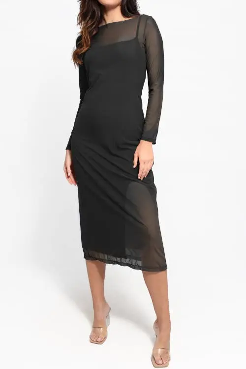 POPILUSH Shapewear Slimming Midi Dress With Sheer Mesh Overlay - Solid Black