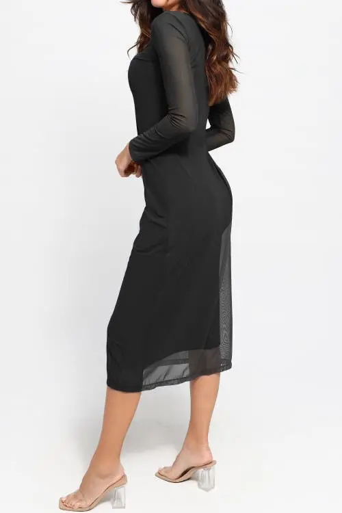 POPILUSH Shapewear Slimming Midi Dress With Sheer Mesh Overlay - Solid Black
