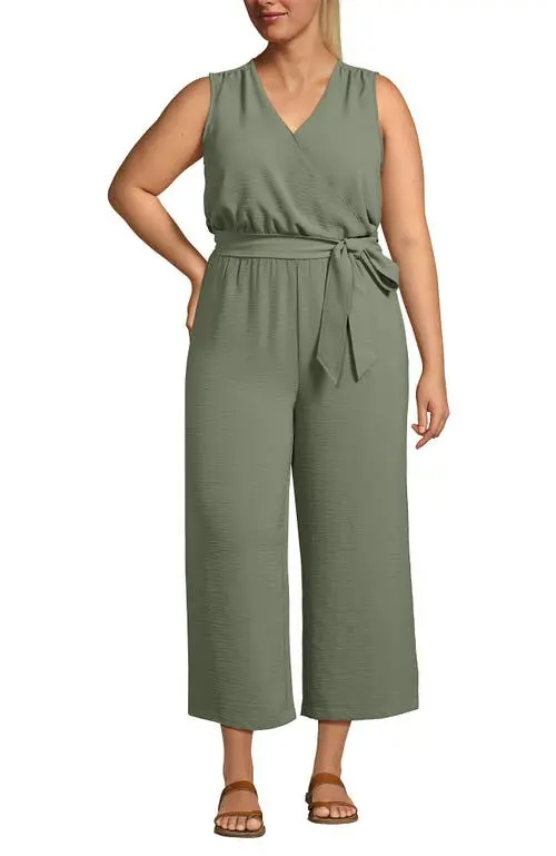 LANDS' END Sleeveless Creaseless Wrap Jumpsuit - Sage