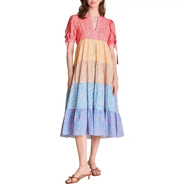 English Factory Floral Colorblock Tiered Cotton Midi Dress - Multi