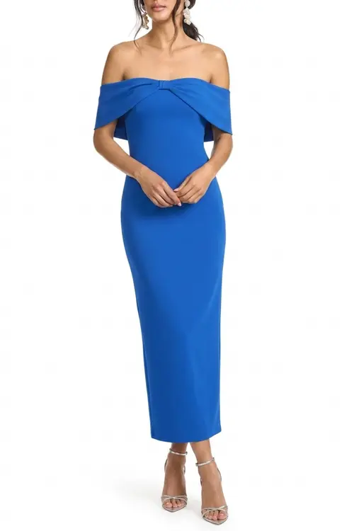 POPILUSH Off-the-shoulder Shapewear Column Maxi Dress - Navy
