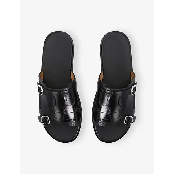 Santoni Double-buckle Croc-effect Leather Monk Sandals - Black