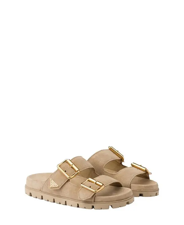Prada Suede Slides With Polished Buckle - Neutral