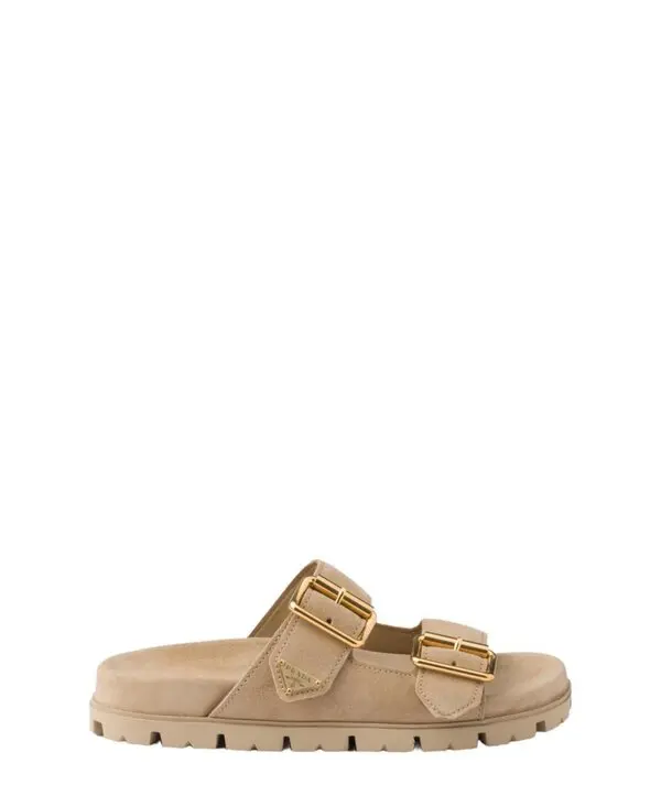 Prada Suede Slides With Polished Buckle - Neutral