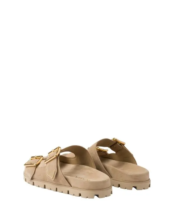 Prada Suede Slides With Polished Buckle - Neutral
