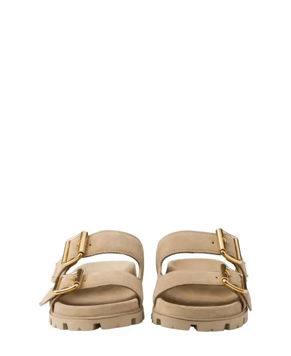 Prada Suede Slides With Polished Buckle - Neutral