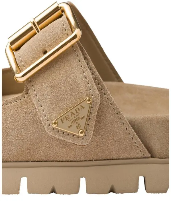 Prada Suede Slides With Polished Buckle - Neutral