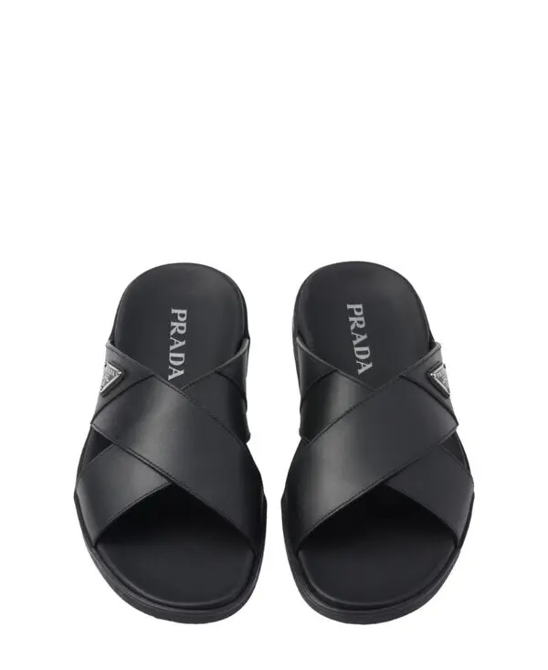 Prada Leather Crisscross Slides