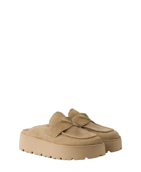Prada Suede Flatform Mules - Neutral