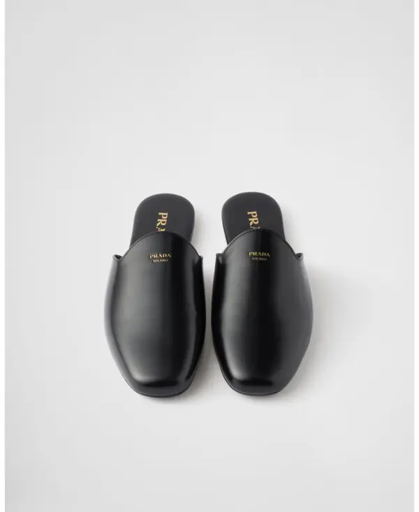 Prada Brushed Leather Mules - Black