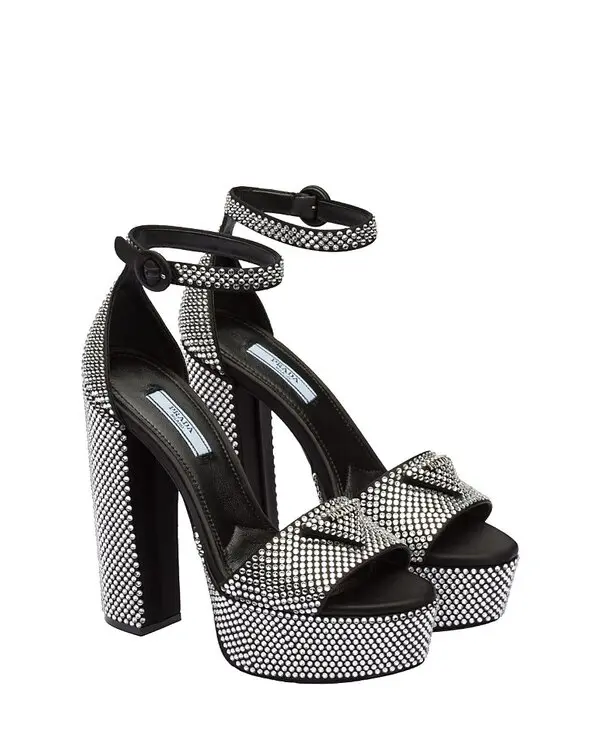 Prada Satin Platform Sandals With Crystals - Gold/silver