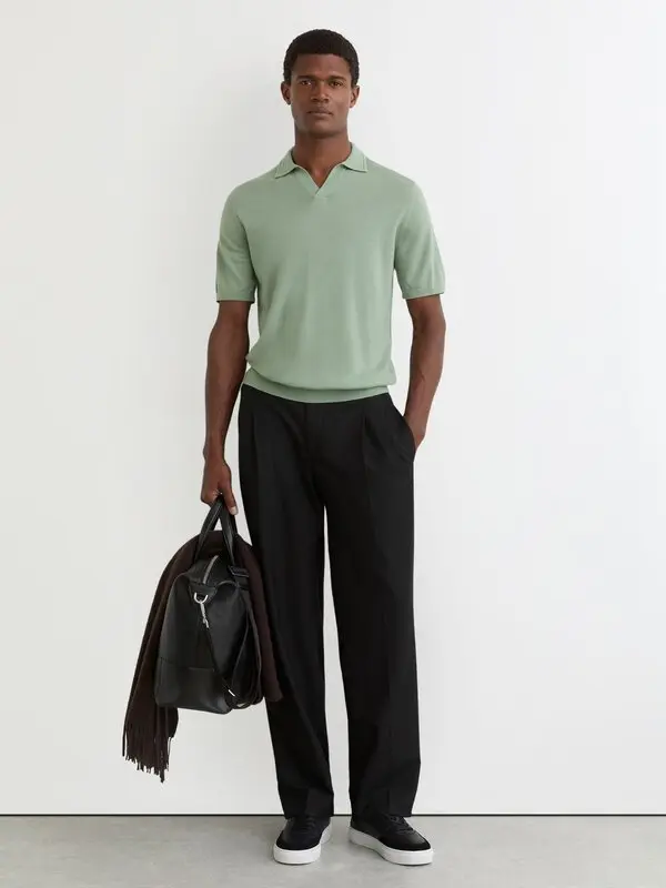 REISS Duchie Merino Wool Open-collar Polo Shirt - Light Sage Green