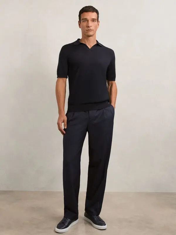 REISS Duchie Merino Wool Open Collar Polo Shirt - Navy