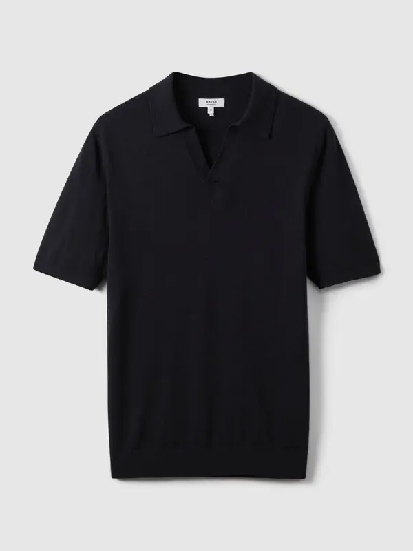 REISS Duchie Merino Wool Open Collar Polo Shirt - Navy