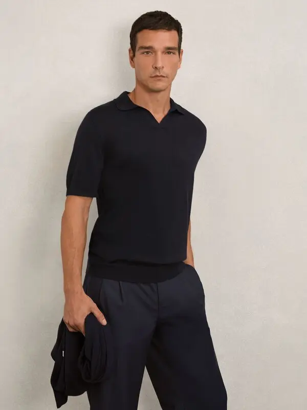 REISS Duchie Merino Wool Open Collar Polo Shirt - Navy