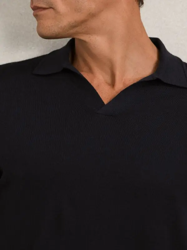 REISS Duchie Merino Wool Open Collar Polo Shirt - Navy