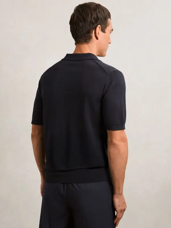 REISS Duchie Merino Wool Open Collar Polo Shirt - Navy